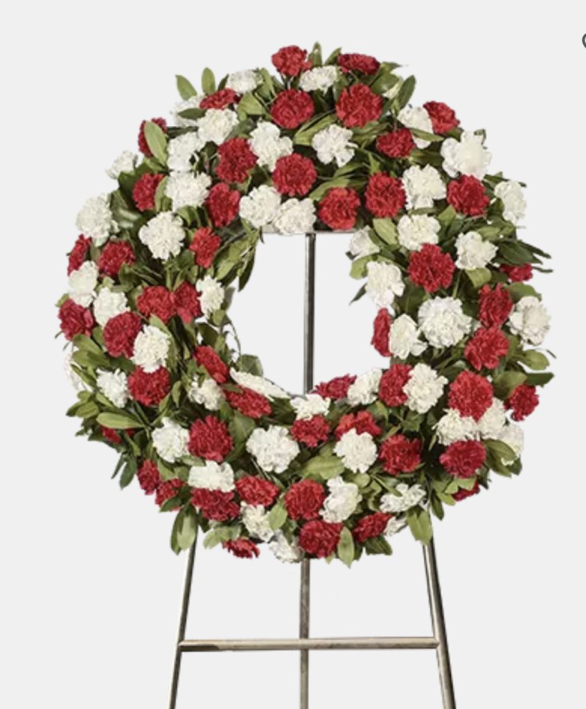 Red and white carnations wreath – Purple Violet